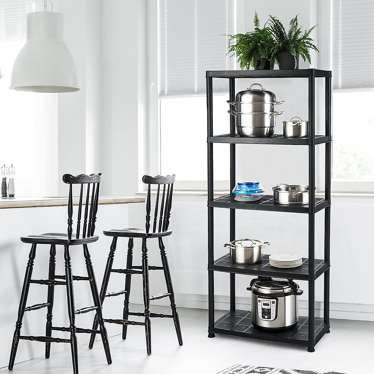 LDAILY 5 Tier Plastic Storage Shelves, Easy to Assemble Garage Rack, Multi-Use Free Standing Shelf Unit, Heavy Duty Shelving for Home Office, Black (1, 33.5“L X 16”W X 73“H)