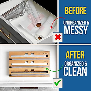 3 in 1 Plastic Wrap Dispenser with Cutter & Labels, Plastic Wrap, Wax Paper & Aluminum Foil Dispenser for Kitchen Storage Organization, Natural Bamboo Roll Organizer Holder for Kitchen Drawer