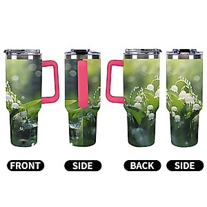 Lily of The Valley Flowers Green Leaves 40 Oz Car Cup Stainless Steel Travel Mug Leak-Proof Insulated Tumbler with Handle Light Rose Red-style