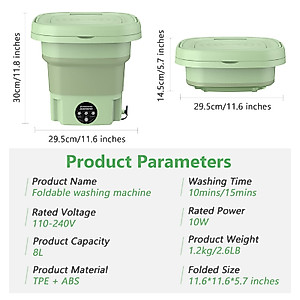 Portable Washing Machine for Apartments, Upgraded 8L Mini Folding Washing Machine Portable with Disinfection Function, Small Portable Washer Machine for Apartments, Dorm, Camping, RV, Travel Laundry