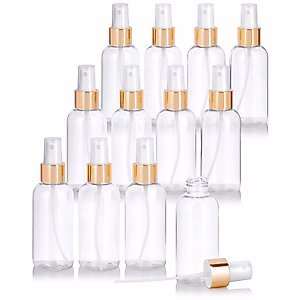 JUVITUS 4 oz / 120 ml Clear Plastic PET Boston Round Bottle (BPA Free) with Gold Fine Mist Spray (12 pack)