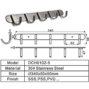 Coat Hook Rack with 5 Square Hooks - Premium Modern Wall Mounted - Ultra durable with solid steel construction, Brushed stainless steel finish, Super easy installation, Rust and water proof