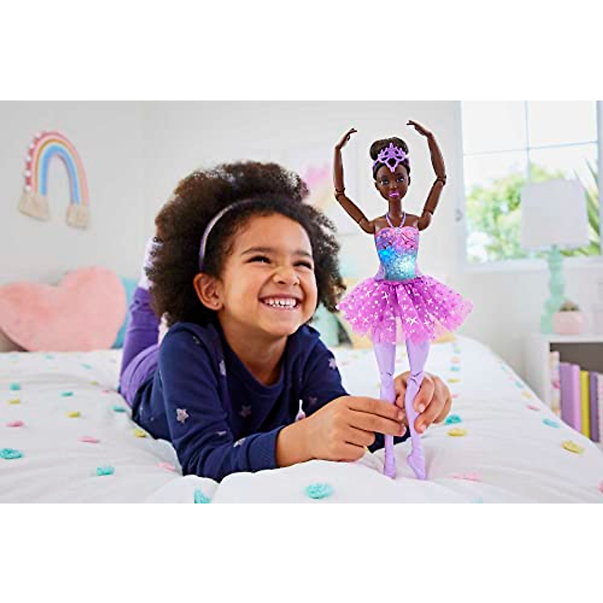Barbie Dreamtopia Doll, Twinkle Lights Posable Ballerina with 5 Light-Up Shows, Sparkly Purple Tutu, Black Hair & Tiara