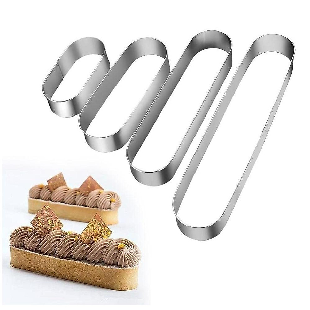 4pcs Mousse Rings Stainless Steel Mini Cookie Cutters Mini Long Oval Mousse Ring Mold Metal Baking Tiramisu Mold for Kitchen Baking Sponge Cakes Dessert Pies