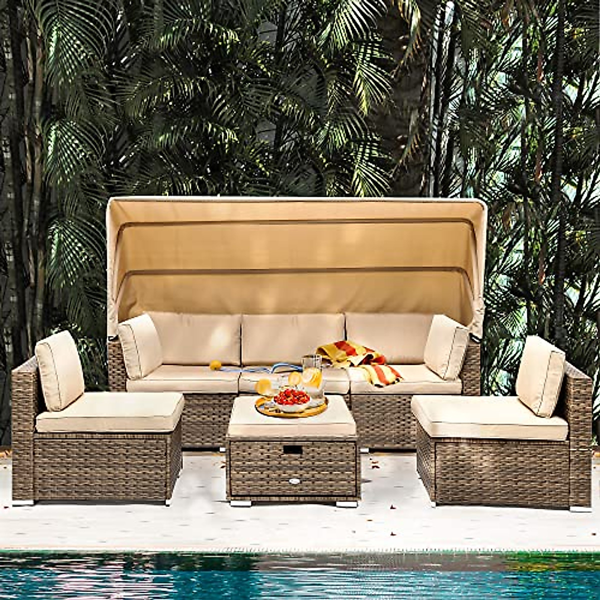 YITAHOME Patio Wicker Sofa Daybed Furniture Set with Retractable Canopy, Storable Side Table Outdoor Lounger with Soft Cushions for Backyard Porch (Light Brown + Beige)
