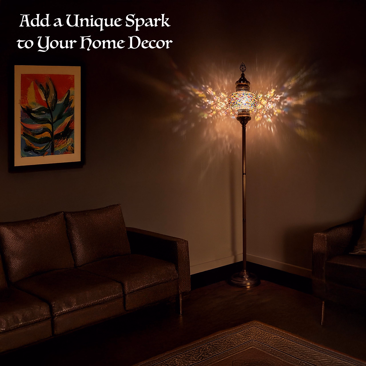 DEMMEX Turkish Moroccan Mosaic Boho Bohemian Colorful Handmade Accent Mood Floor Lamp, Single XL 10" Globe, 5.5feet, Worldwide Use (Brown-Black)