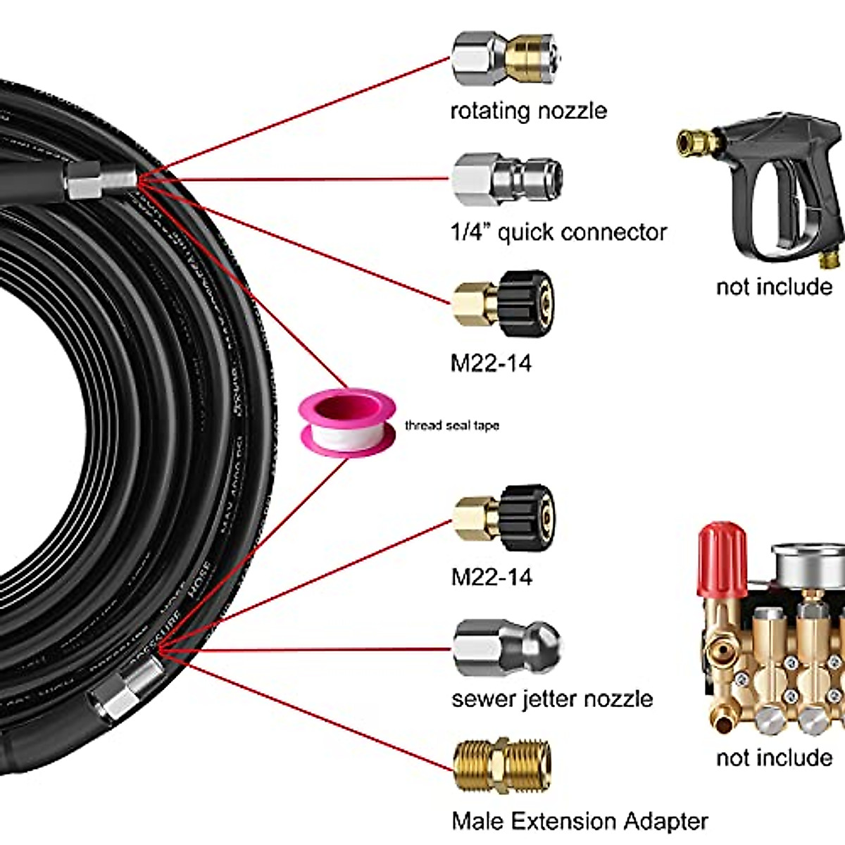 POHIR Sewer Jetter Kit for Pressure Washer 50 ft, Hydro Drain Jetter Cleaner Hose with 1/4 Female NPT, Button Nose, Rotating Sewer Jet Nozzle and Pressure Washer Adapter, 4000 PSI Drain Cleaner Hose