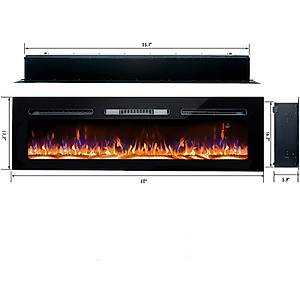 GOOD & GRACIOUS Electric Fireplace,1500W Recessed & Wall Mounted Electrical Fireplace with Bracket, Ultra Thin, Low Noise, Remote Control, Timer, Logset & Crystal, Adjustable Flame Color, Black, 60"
