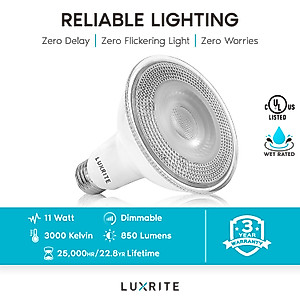 LUXRITE 12 Pack LED PAR30 Flood Light Bulb, 75W Equivalent, 3000K Soft White, 850 Lumens, 11W Dimmable, Indoor Outdoor Spotlight Bulb, Wet Rated, E26 Standard Base, UL Listed