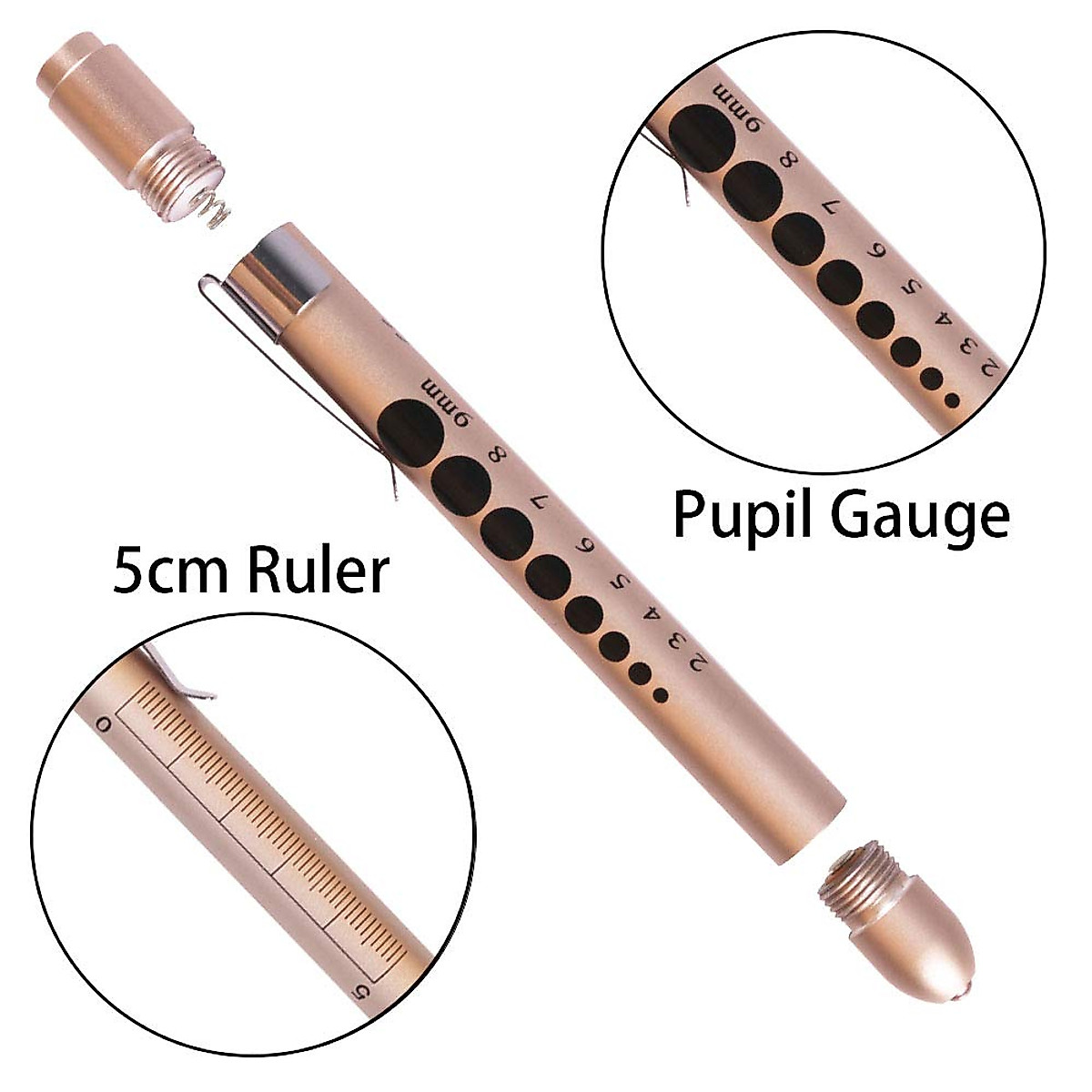 Aokin Pen Light with Pupil Gauge, Reusable LED Penlight Medical for Doctor Nurse Diagnostic etc, White Light, Gold and Black