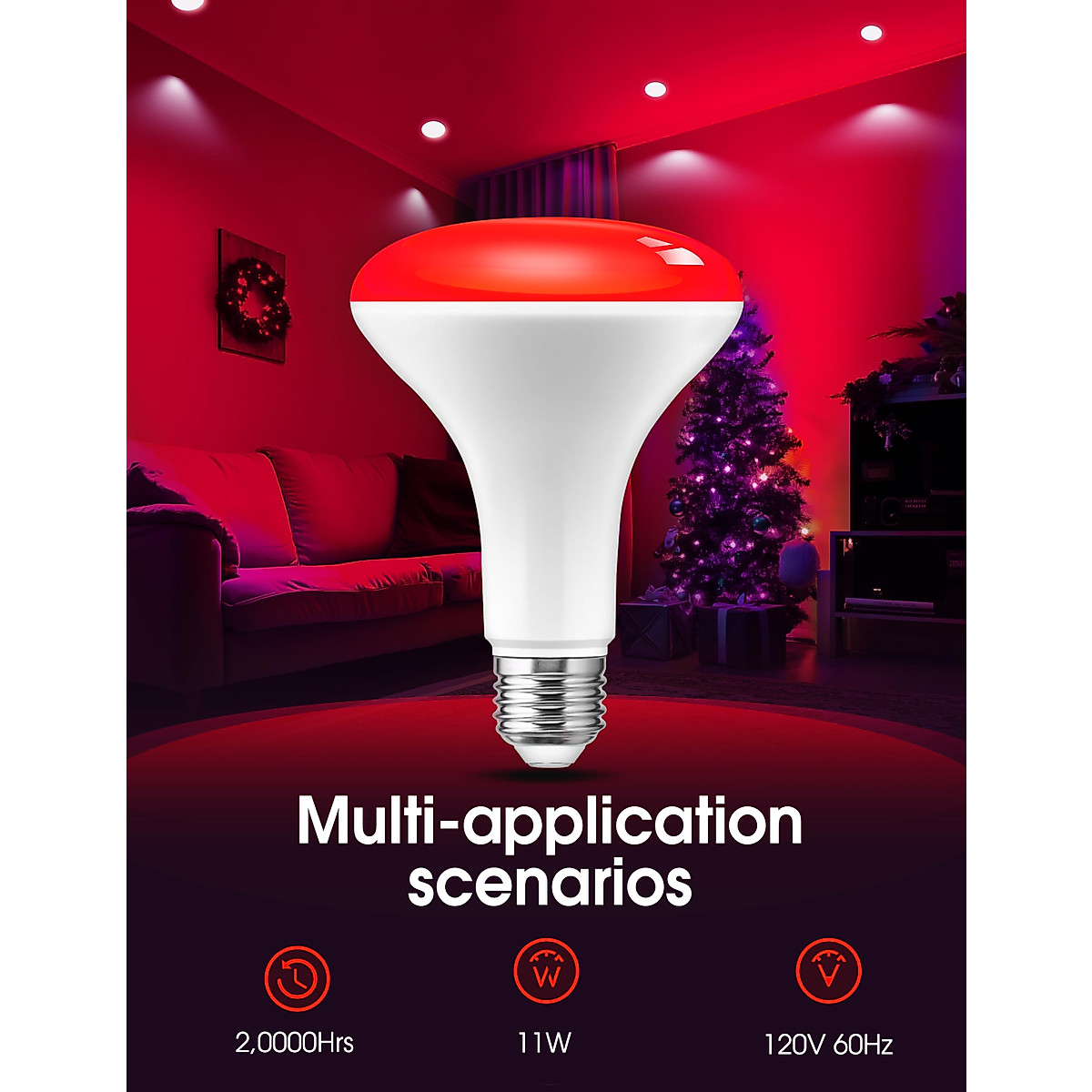LOHAS Red Flood Light Bulbs, Christmas LED BR30 Pure Red Flood Light Indoor 65W Equivalent, 11 Watt Colored Can Light Bulbs E26, for New Year, Home Lighting, Holiday Party Decoration, 2 Pack