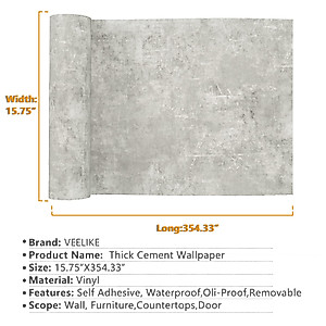 VEELIKE 15.7''x354'' Concrete Contact Paper for Countertops Waterproof Light Concrete Wallpaper Texture Peel and Stick Concrete Wall Paper Self Adhesive Cement Murals Removable for Cabinets Furniture