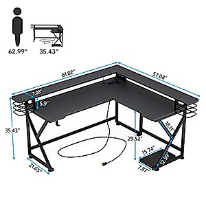 Tribesigns Computer Desk L Shaped with Led Lights & Power Outlet, 61 inch L-Shaped Computer Corner Desk with Monitor Stand, Ergonomic Home Office Gaming Desk with USB Port & Hook (Black)