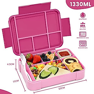 Bugucat Bento Box 45OZ, Leak-Proof Lunch Box with 6 Compartments Cutlery, Lunch Containers for Adult Food Storage Container with Leak-proof Silicone Ring Suitable for Microwave Dishwasher Pink