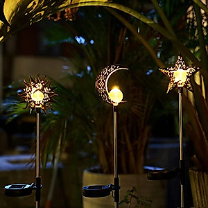 Tryme Solar Lights Outdoor Garden Decorations Sun Moon Star Stake Light Decorative Waterproof Warm White LED Yard Decor for Pathway Lawn Patio Courtyard Backyard