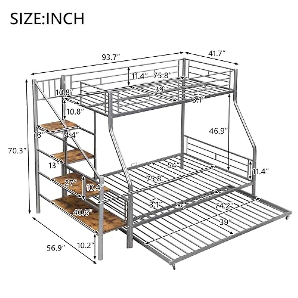 RORIGAT Twin Over Full Bunk Bed with Trundle,Metal Bunk Beds with Storage Staircase and Guard Rail,Bunk Bed Twin Over Full Size for Kids Boys Girls Teens Bedroom,Silver
