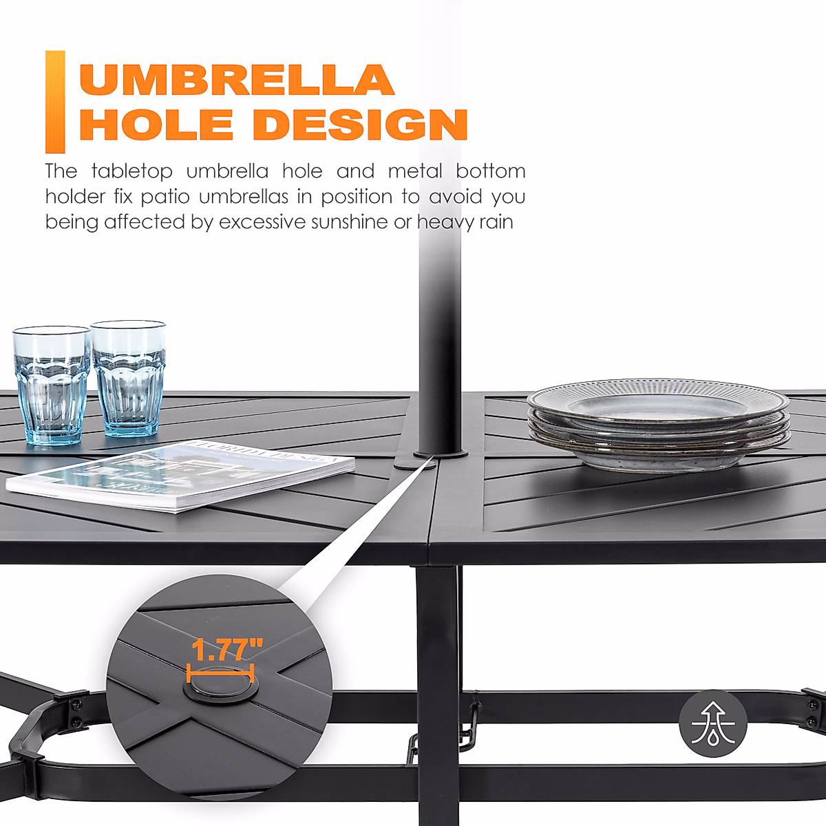 NUU GARDEN 7 Piece Outdoor Dining Set, 6 All Weather Padded Textilene Patio Chairs and 61" Rectangular Dining Table with 1.77" Umbrella Hole, for Garden, Patio, Light Grey and Black