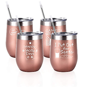Christmas Stemless Wine Tumbler Set of 4, Funny Christmas Gifts for Women Wine Lovers Mom Sister Best Friends, Housewarming Gifts, Insulated Stainless Steel Wine Tumbler with lid(12oz, Rose Gold)