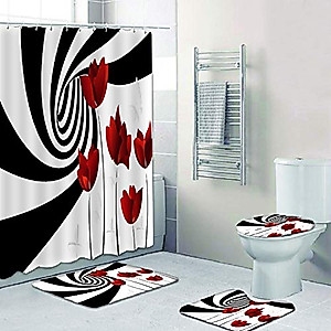 Valentine's Day Shower Curtain Set, 3D Romantic Rose Style Printing Shower Curtain Carpet Floor Mat Combination Bathroom Toilet Mat 4 PCS (D)