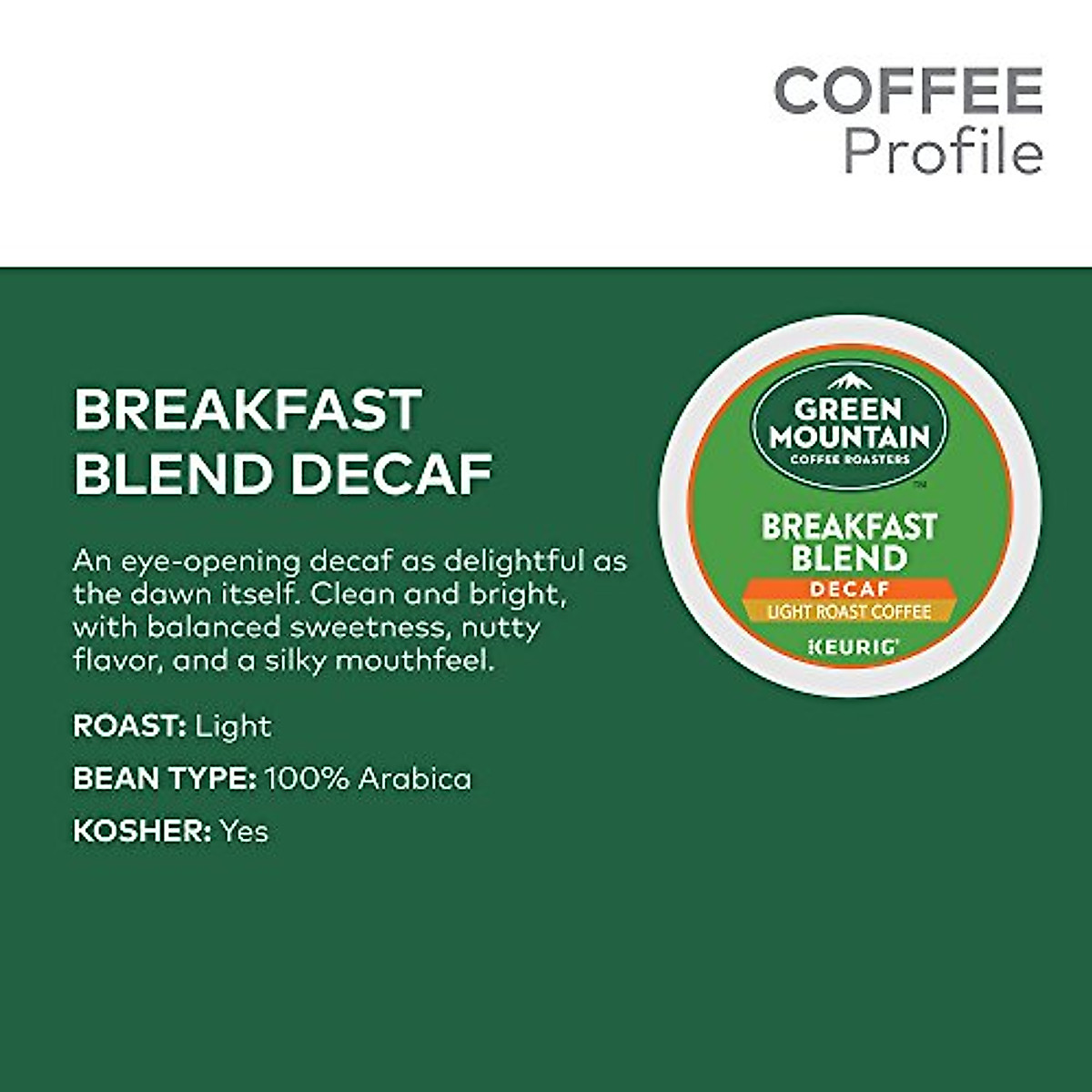 Green Mountain Coffee Roasters Keurig Single-Serve K-Cup Pods, Breakfast Blend Decaf Light Roast Coffee, 12 Count
