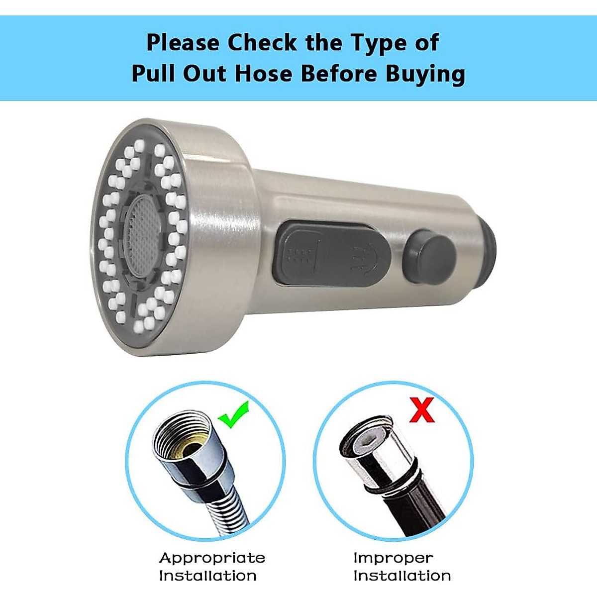 Hooshing Kitchen Sink Faucet Head Replacement 3 Function Pull Down Faucet Sprayer Head Nozzle Kitchen Faucet Head Hose Spray Tap Spout Only for G1/2 Connector, Brushed Nickel