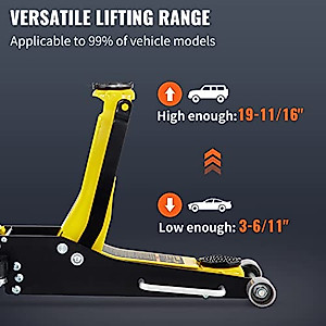 VEVOR 3 Ton Low Profile , Aluminum and Steel Racing Floor Jack with Dual Pistons Quick Lift Pump for Sport Utility Vehicle, Lifting Range 3-6/11"-19-11/16", yellow,black