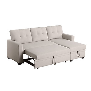 L Shaped Convertible Sleeper Sectional Sofa with Storage Chaise and Pull-Out Bed, Linen Upholstered Reversible Corner Couch w/Detachable Backrest for Living Room, Apartment, 3 Seater Home Furniture