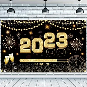 JKQ 2023 Happy New Year Backdrop Banner 71 x 43 Inch Large Size New Year Background Banner 2023 Loading New Year Holiday Party Decorations Black Gold 2023 New Years Eve Party Photo Booth Props
