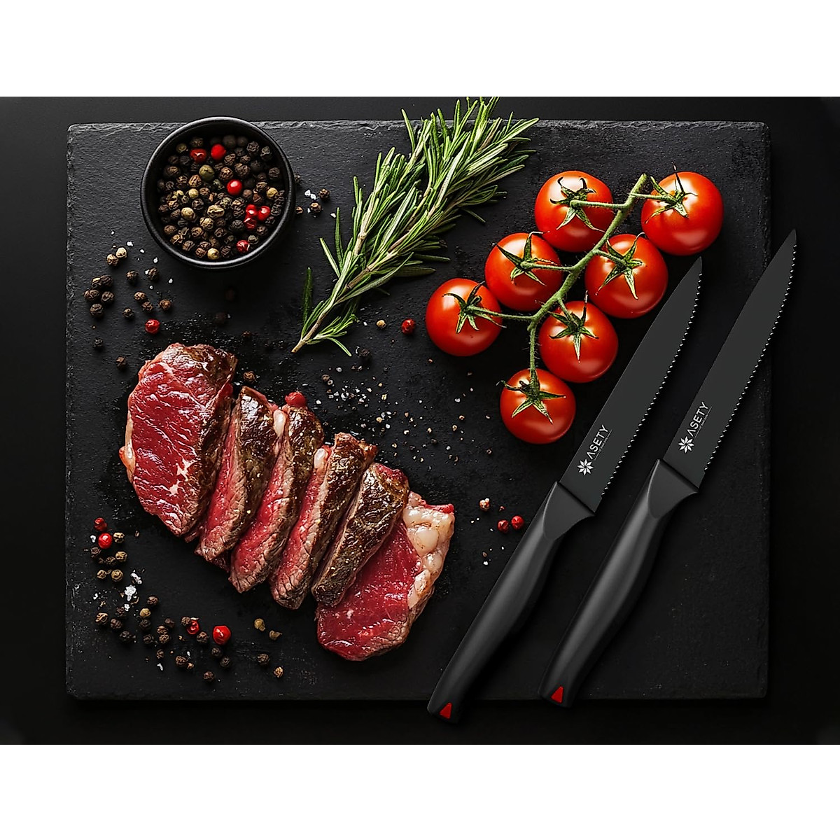 ASETY Steak Knives Set of 6, Serrated Steak Knives,Dishwasher Safe,High-Carbon Stainless Steel Steak Knife Sets with Elegant Box,Black