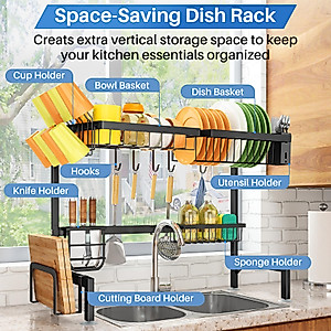 SNTD Over The Sink Dish Drying Rack, Width Adjustable (26.8" to 34.6") 2 Tier Dish Rack Drainer for Kitchen Counter Organization and Storage, Utensil Sponge Holder Sink Caddy Dryer Rack Black