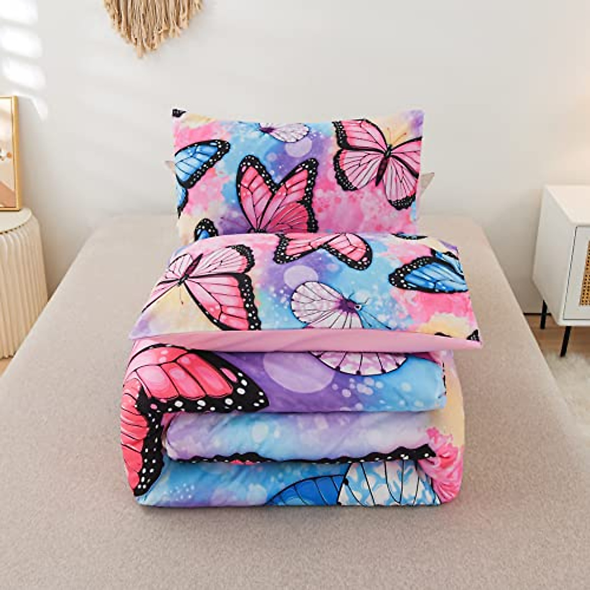 Btargot Lightweight Microfiber 3 Piece Comforter Set with 2 Pillowcases, Butterfly Pattern Bedding Set, Twin Multi-Color