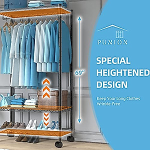 PUNION Heavy Duty Clothing Garment Rack, Freestanding Clothing Rack, Portable Closet Wardrobe with 3 Adjustable Wire shelves 1 Side Hook and 1 Clothe Rod for Hanging Clothes, Black