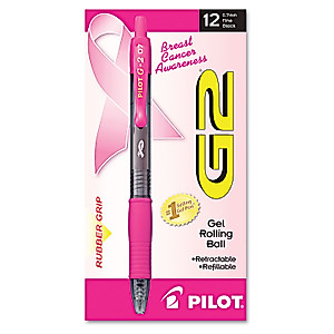 PILOT G2 Premium Pink Ribbon Retractable Gel Roller Ball Pen, Fine Point, Black Ink, 12-Pack (31332), Dozen Box