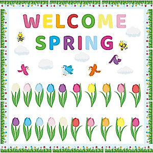 115Pcs Back to School Tulip Flowers Bulletin Board Cutouts Classroom Decoration, Welcome Back to School Flowers Bees Birds Name tags Cut Outs Teacher Student Diy Crafts Classroom Blackboard Wall Decor