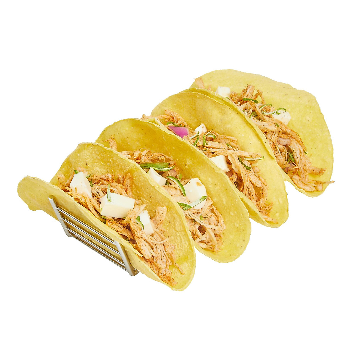 Restaurantware 7.1 Inch x 2.5 Inch Taco Stand 1 Rectangle Taco Rank - Fits 4 Tacos Reversible Silver Stainless Steel Taco Holder Dishwasher Safe For Hard Or Soft Shells