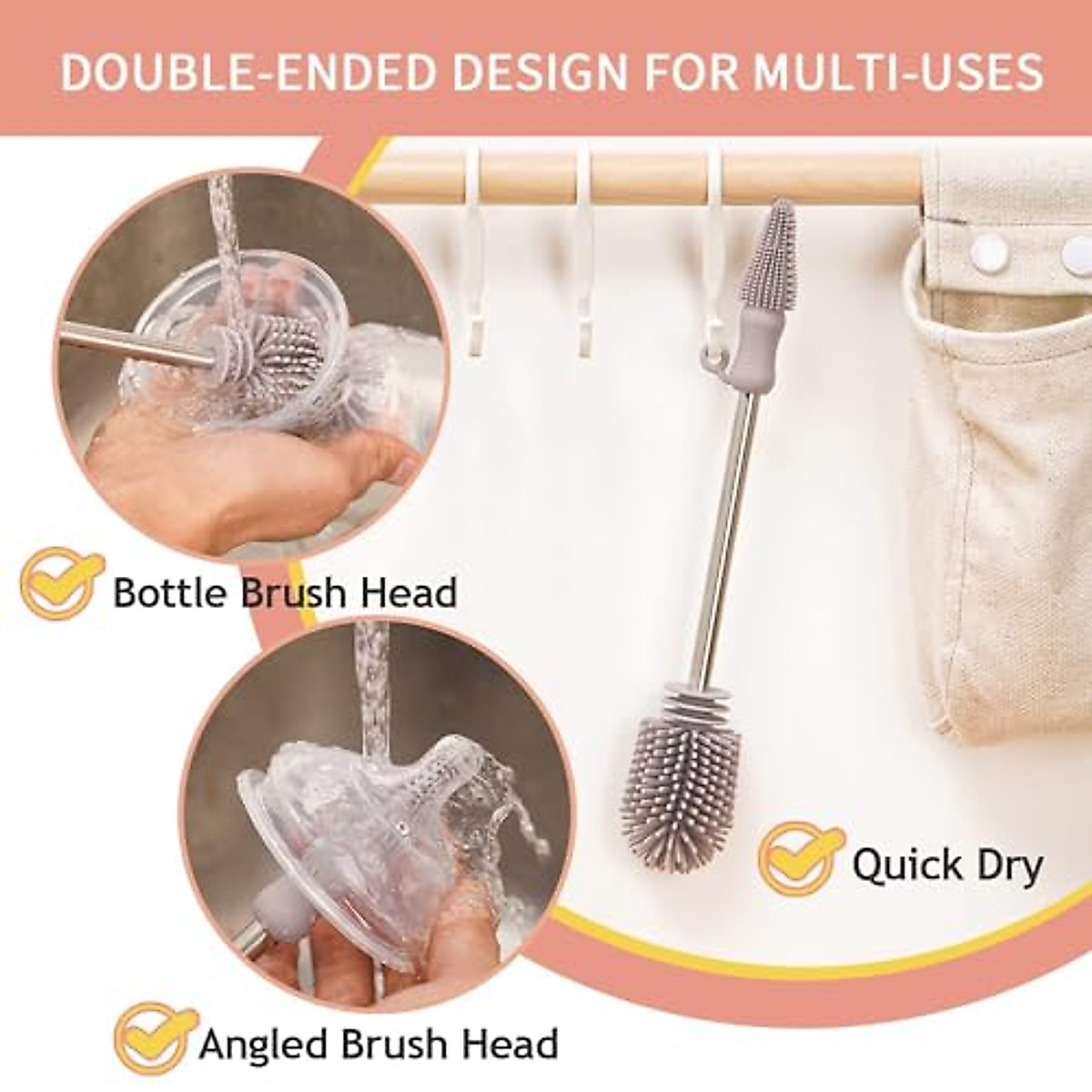 Haakaa Baby Bottle Brush Kit -Silicone Cleaning Brush for Breast Pump,Nipple,Breast Milk Storage Bag,Reusable Straw,Sippy Cup - Food Grade Silicone Bristles, Portable -3 Pcs - Light Gray