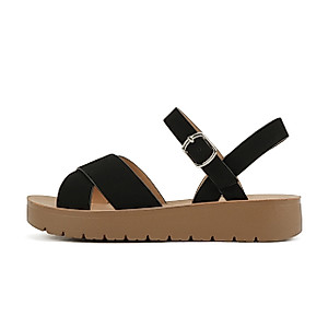 Soda Shoes Women Flat Sandals Flatform Ankle Buckle Criss Cross Band Straps Chester-S Black 7