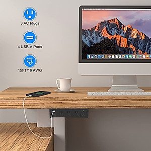 Under Desk Power Strip Mountable,Screw Mount Power Outlet with 3 AC Outlets,4 USB-A Ports,15FT Extension Cord,Desk Clamp Power Strip