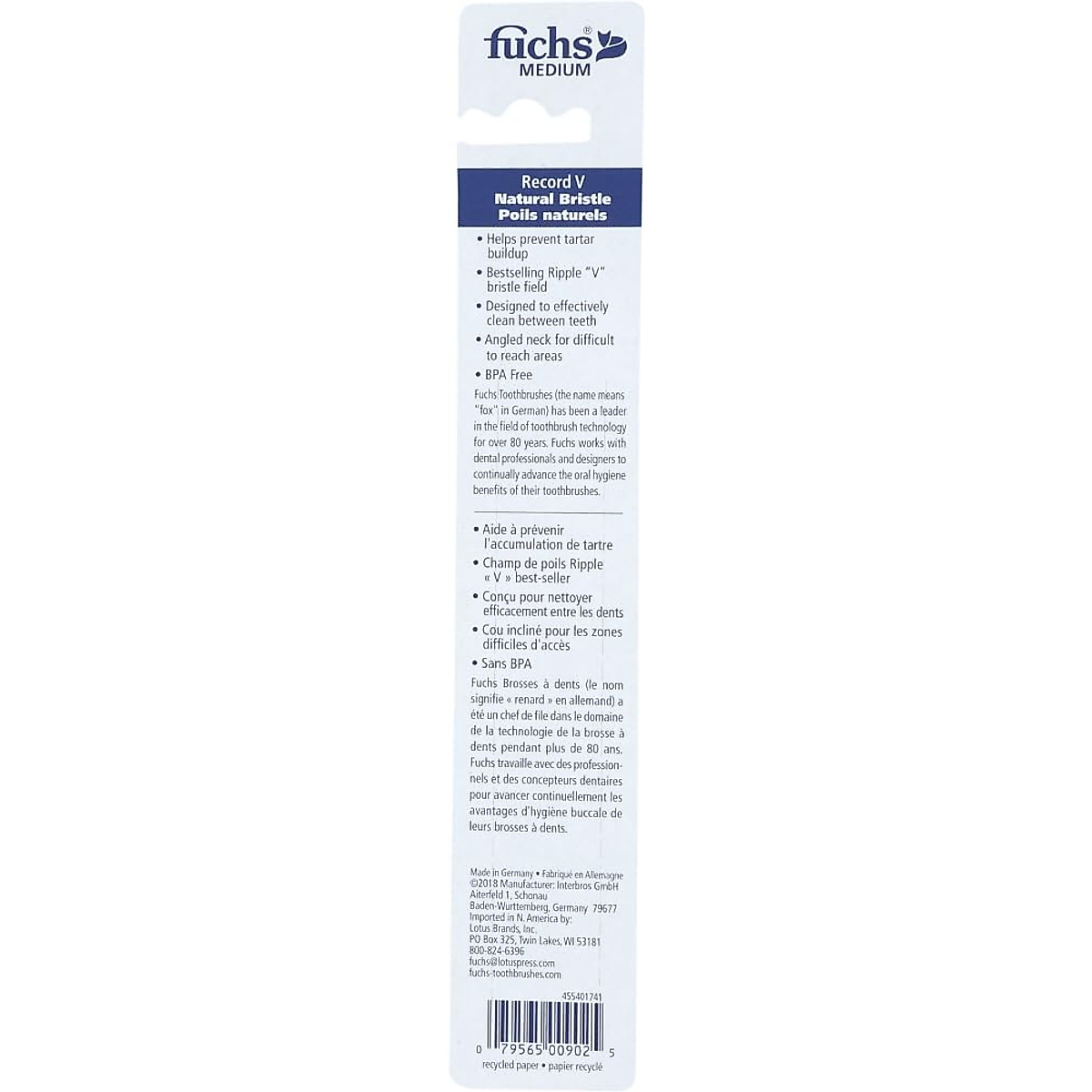 Fuchs: Pure Natural Bristle Record V Adult Medium Toothbrush, 1 ct (5 Pack)
