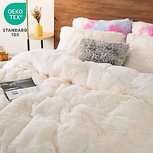 PHF Shaggy Fluffy Faux Fur Duvet Cover Set King Size,Luxury Warm Plush Comforter Cover for Winter Fall,3PCS Soft Lightweight Velvet Cozy Bedding Set with Furry Pillowcases,Aesthetic Room Decor,Cream