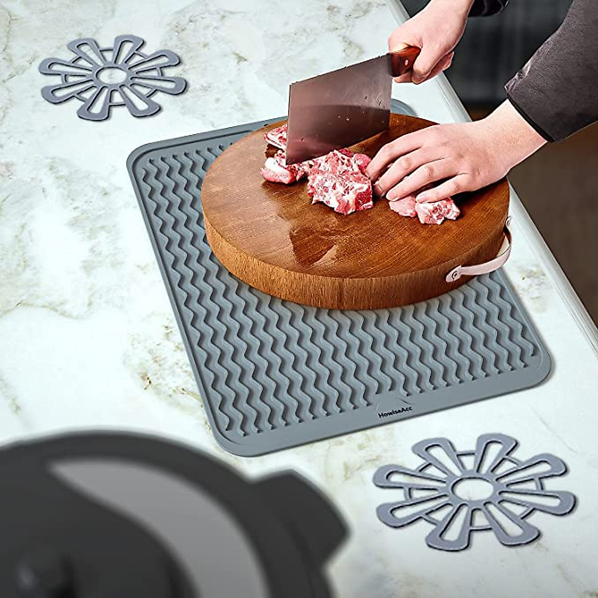 HowiseAcc Silicone Dish Drying Mat and 2 Trivets Mat,Drying Mat For Kitchen counter, Heat Resistant Mat,Easy Clean drainboard mat, Non-Slip Dish Drainer Pad for Kitchen Counter (L(16"×12"), Gray)