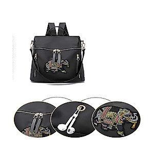 LTDH Women Backpack Fashion Shoulder Bag Girls Daypack Travel Rucksack Bag Embroidery Elephant (Black)