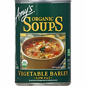 Amy’s Soup, Vegan Vegetable Barley Soup, Low Fat, Made With Organic Tomatoes, Carrots and Celery, Canned Soup, 14.1 Oz