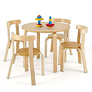 Costzon Kids Table and Chair Set, 5-Piece Wooden Activity Table w/ 4 Chairs, Toy Bricks, Classroom Playroom Daycare Furniture for Playing, Drawing, Reading, Bentwood Toddler Table & Chairs (Natural)
