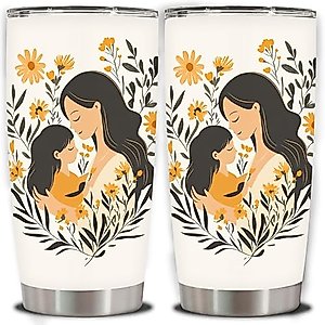 FOCIUZTA 20oz Adorable Floral Yellow Mother and Child Pattern Tumbler with lid, Travel Coffee Cup, Ideal for Easter, Mother Day, and birthday gifts