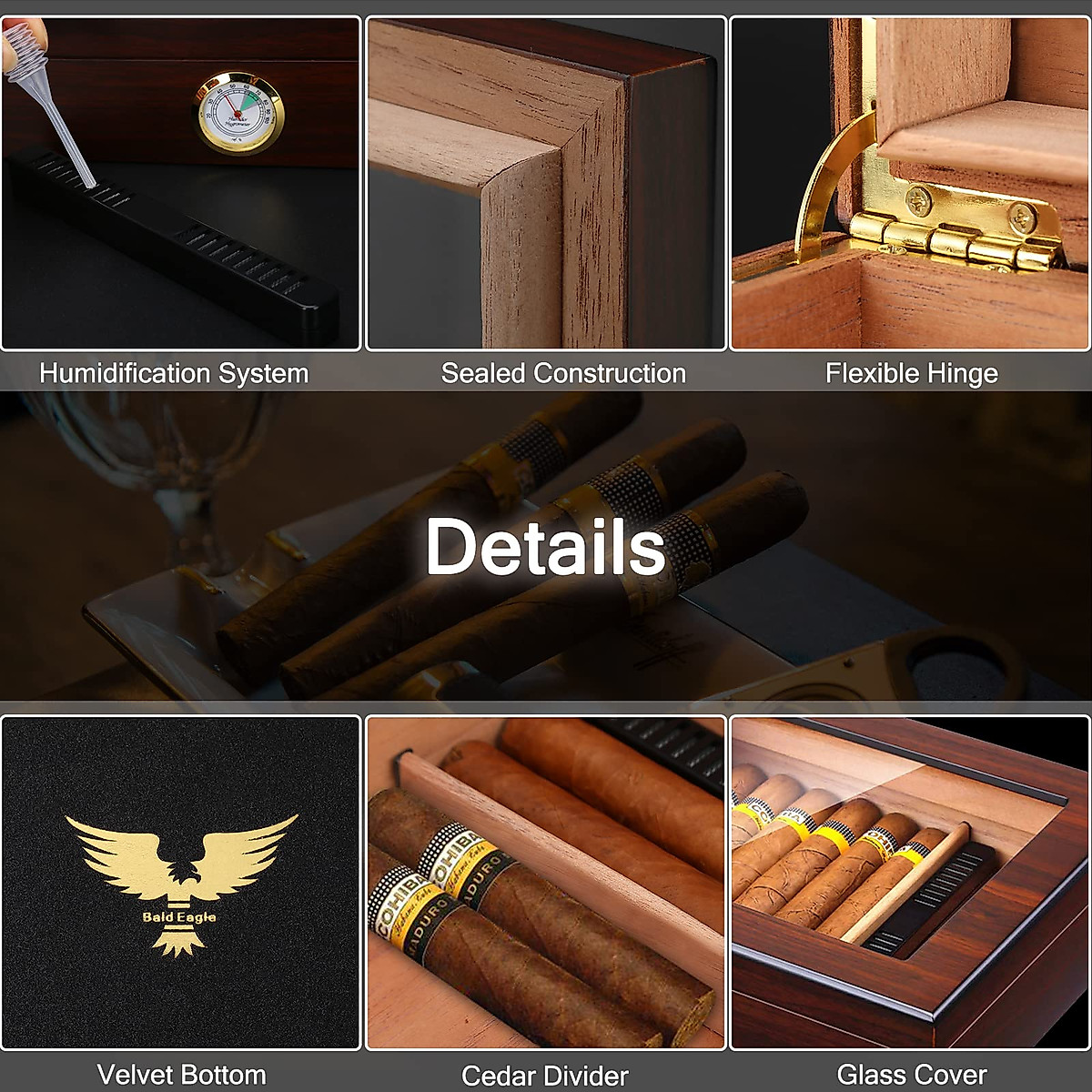 Bald Eagle Handmade Cigar Humidor, Cedar Cigar Desktop Box with Humidifier and Hygrometer, Glass Top for 25 Cigars (20-25 Cigars)