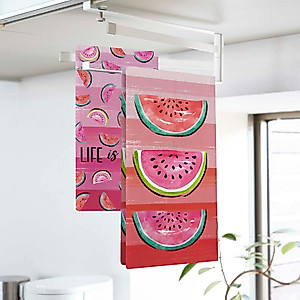 Seliem Summer Life is Sweet Watermelon Kitchen Dish Towel Set of 2, Red Pink Stripes Hand Towel Drying Baking Cooking Cloth, Spring Seasonal Farmhouse Home Kitchen Decor 18x26 Inch