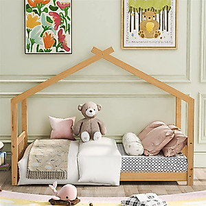 CITYLIGHT Twin House Bed for Kids, House Bed Frame Twin with Headboard and Footboard, Wooden Kids House Bed for Girls, Boys,No Box Spring Needed,Natural