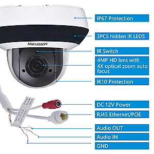 Hikvision 4MP POE Mini PTZ IP Camera DS-2DE2A404IW-DE3,Pan/Tilt/2.8mm~12mm 4X Optical Zoom，Smart IR Night Vision，Audio/Alram Interface， H.265+, Upgrade Version for DS-2DE3304W-DE