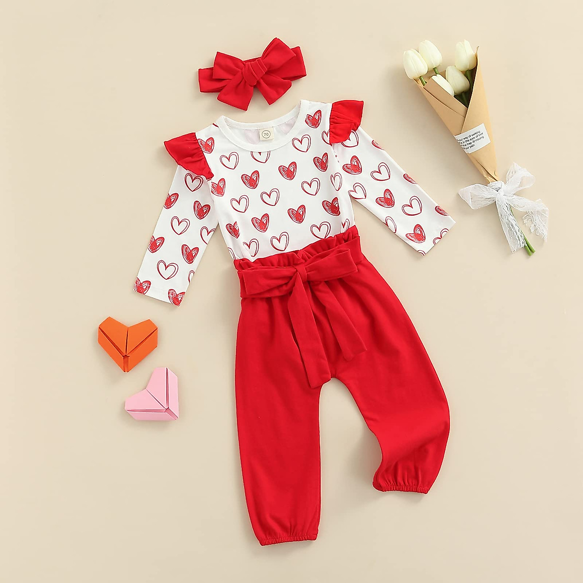 Hnyenmcko Newborn Baby Girl Valentine's Day Outfits Long Sleeve Ruffle Love Heart Print Romper Bow Pants with Headband Holiday Sets 0-24M (Red, 0-6 Months)